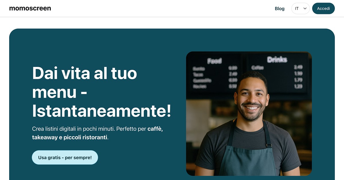 Menu digitale per caffè e take-away – gratis e semplice | momoscreen